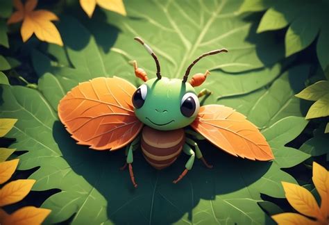 A Green Insect With A Yellow Face Is Sitting On A Green Leaf Premium Ai Generated Image