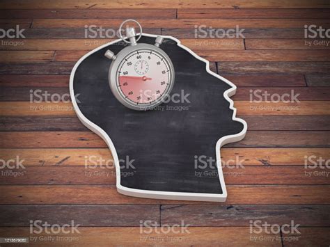 나무 배경에 스톱워치가 있는 인간 머리 모양 3d 렌더링 3차원 형태에 대한 스톡 사진 및 기타 이미지 3차원 형태 검은색