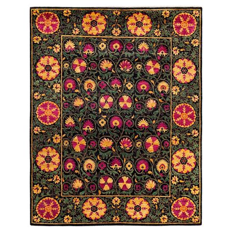One Of A Kind Hand Knotted Contemporary Floral Black Area Rug For Sale