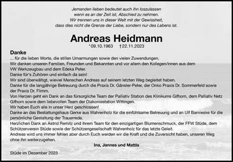 Traueranzeigen Von Andreas Heidmann Trauer Anzeigende