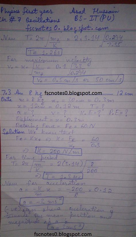 Fsc Ics Notes Physics Xi Chapter 7 Oscillations Numerical Problems