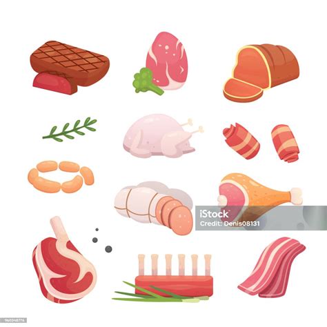 신선한 육류 제품을 설정 합니다 만화 스타일에서의 스테이크 고립 된 그림 쇠고기 스테이크 돼지고기 소시지 햄 베이컨 슬라이스 벡터 메뉴 디자인입니다 개체 그룹에 대한 스톡