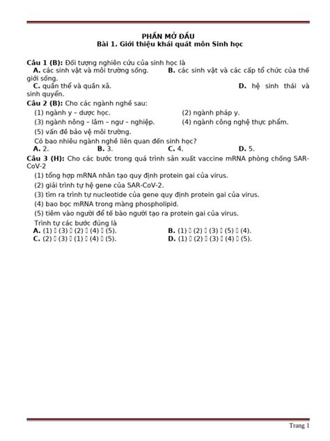 Cau Hoi Trac Nghiem Sinh Hoc 10 | PDF