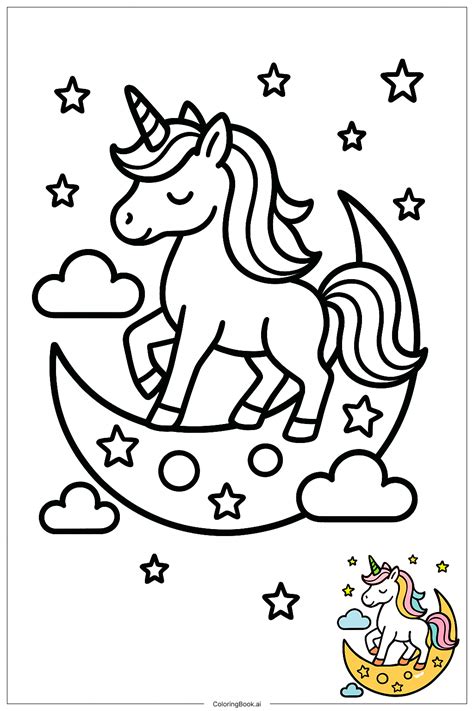 유니콘이 초승달 위에서 균형을 잡고 있는 모습 색칠하기 페이지 무료 Pdfandpng 인쇄 가능