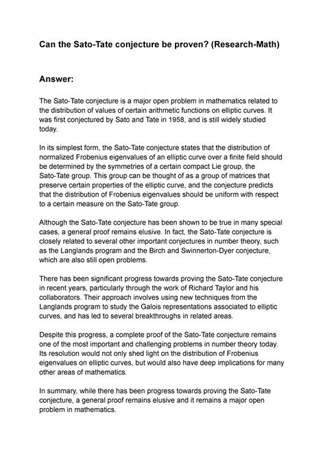 Can The Sato Tate Conjecture Be Proven It Was First Conjectured By