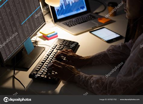 Hands Biracial Female Programmer Sitting Desk Using Computer Coding