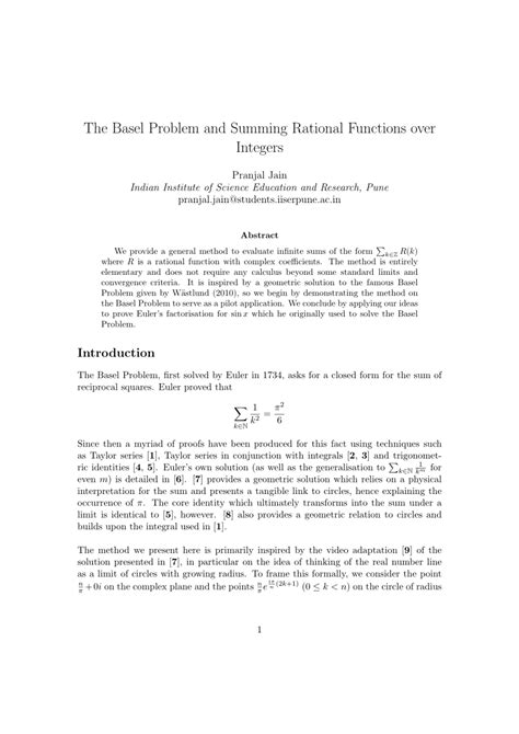 Pdf The Basel Problem And Summing Rational Functions Over Integers
