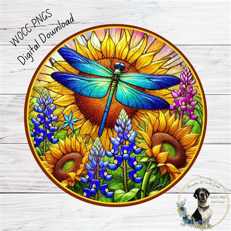 Dragonfly Sunflower Sublimation Design Stained Glass Style Round Png