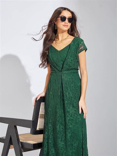 Latin Quarters Women Green V Neck Cap Sleeves Solid A Line Dress For E
