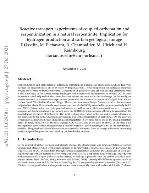 Pdf Reactive Transport Experiments Of Coupled Carbonation And Serpentinization In A Natural