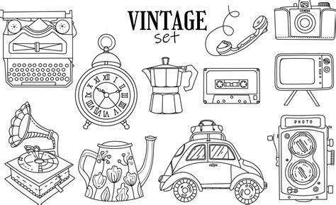 Coloring Page Hand Drawn Vintage Objects Collection Retro Style Set