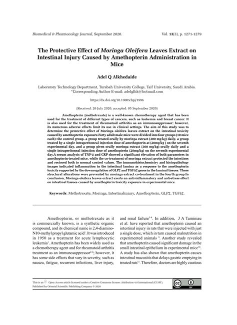 Pdf The Protective Effect Of Moringa Oleifera Leaves Extract On