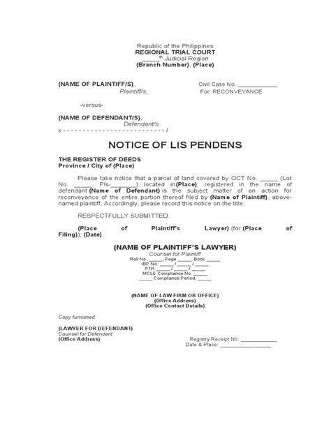 Sample Notice Of Lis Pendens Pdf