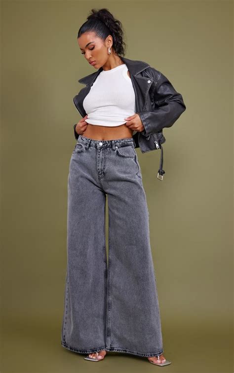 Washed Grey Baggy Long Leg Extreme Wide Leg Jeans Denim Wide Leg