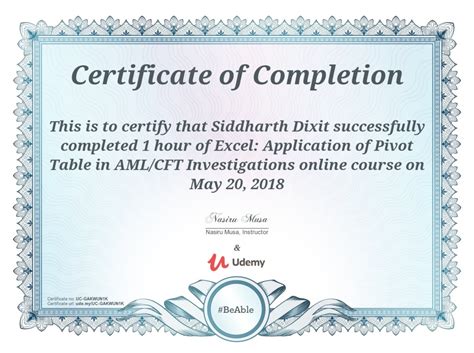 Siddharth Dixit On Linkedin Completion Certificate For Excel Application Of Pivot Table In Aml