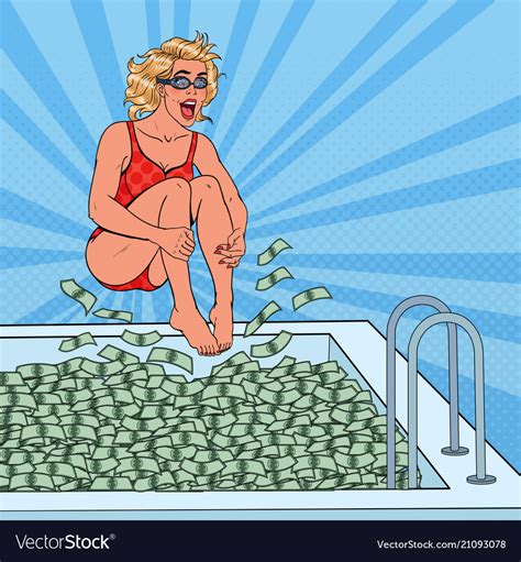 Pop Art Joyful Woman Jumping To The Pool Of Money Vector Image