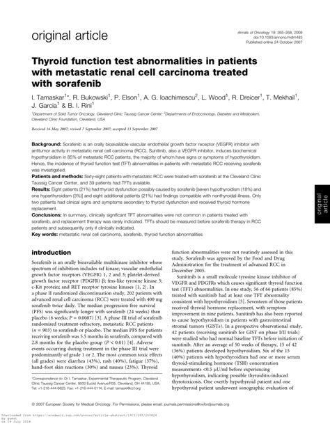 Pdf Thyroid Function Test Abnormalities In Patients With Metastatic Renal Cell Carcinoma