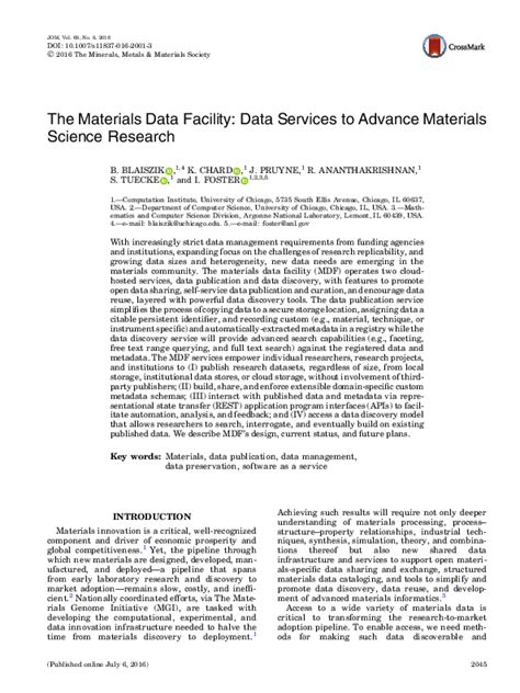 Pdf The Materials Data Facility Data Services To Advance Materials