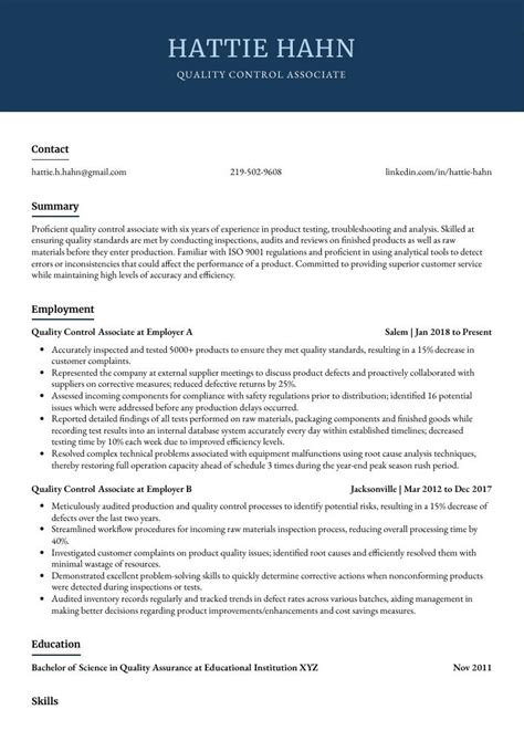 Quality Control Associate Resume Cv Example And Writing Guide