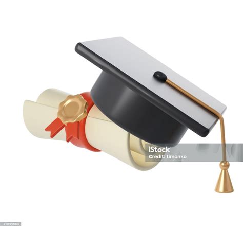 학위 졸업장 또는 빨간 리본과 대학 또는 대학 검은 모자 졸업생 아이콘과 졸업 스크롤의 3d 그림 Render Education 종이 요소 장식용 포스터 배너 0명에 대한