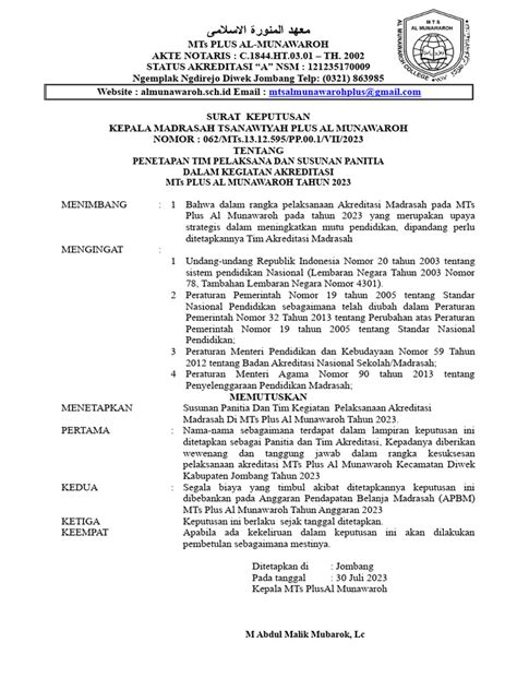Sk Tim Akreditasi Mts 2022 Pdf