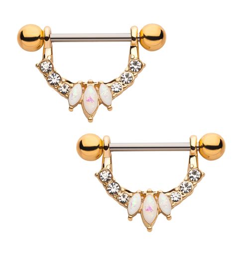 Gold Pvd Apex White Opalilte Clear Cz Nipple Ring Barbell