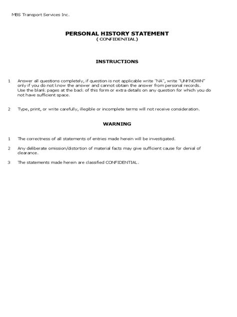 Personal History Statement Employee Profile Pdf Insurance