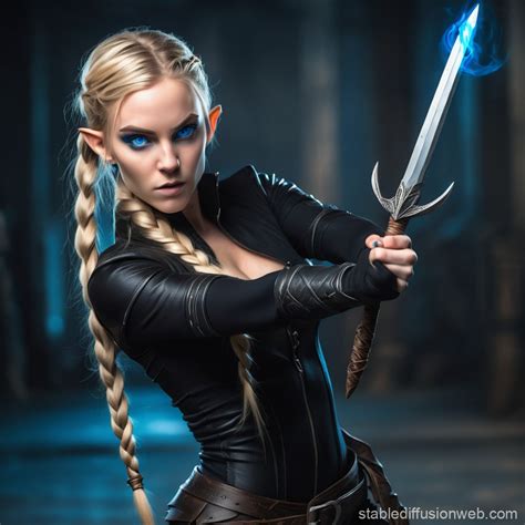 A Female With Elf Ears And Tail With Black Hair With Blue Tips Long