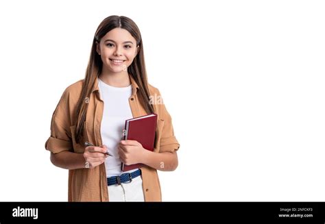 Cheerful Teen Girl Holding School Diary In Studio Teen Girl With