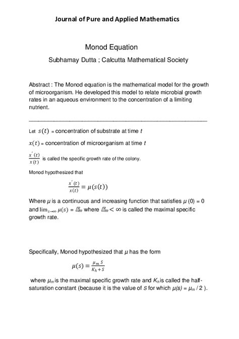 Pdf Journal Of Pure And Applied Mathematics Monod Equation