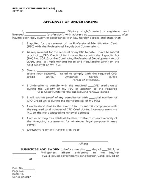 Affidavit Of Undertaking Affidavit Civil Law Common Law