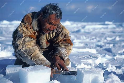 Premium Photo Inuit Man Cutting Ice Blocks For Igloo In Arctic