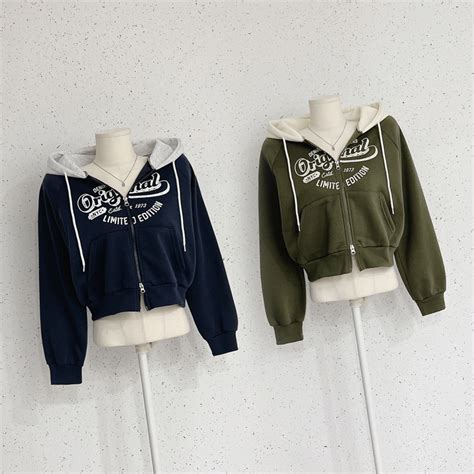 기모선택가능투웨이지퍼 빈티지 Y2k 배색 크롭 레터링 프린팅 포켓 긴팔 후드 집업 3color 에이블리