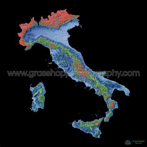 Elevation Map Of Italy With Black Background Fine Art Print