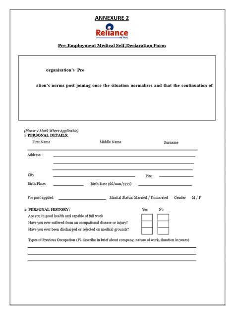 Medical Form Self Declaration Format Pdf Chronic Condition