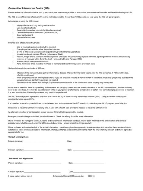 Consent For Intrauterine Device Iud Consult Visit Sign Here Pdf
