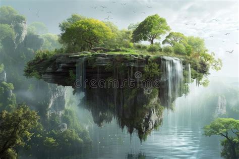 A Floating Island With Trees And Water Mystical Floating Island With