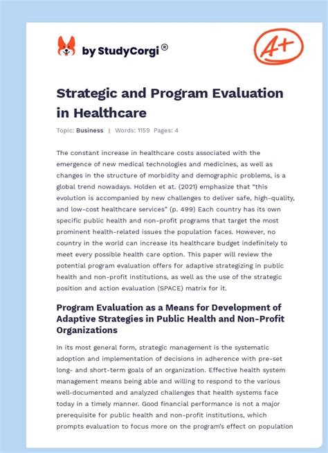 Strategic And Program Evaluation In Healthcare Free Essay Example
