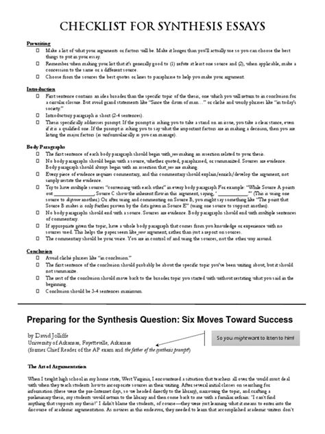 Checklist For Synthesis Essays Pdf Cognitive Science Cognition