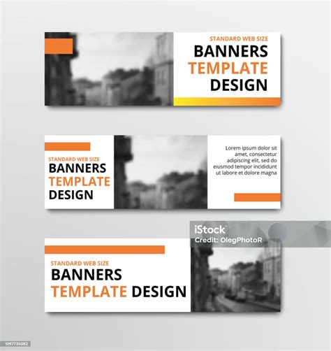 수평의 서식 파일 벡터 오렌지 요소와 사진에 대 한 장소 화이트 배너 웹 표준 크기를 위한 디자인 설정 개념에 대한 스톡 벡터 아트 및 기타 이미지 Istock