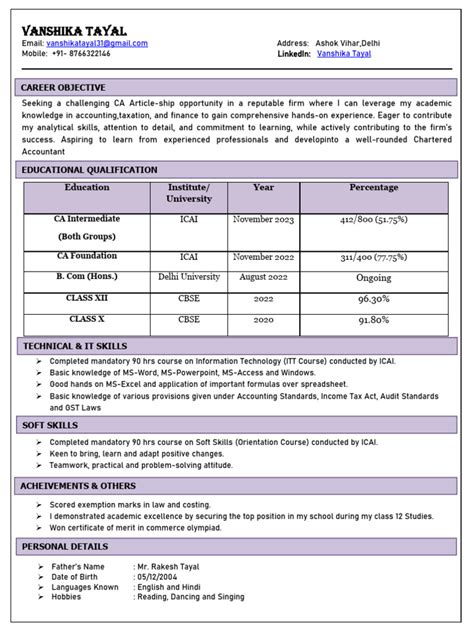 Resume Articleship Format Pdf