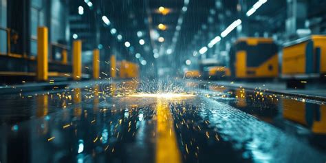 Industrial Laser Cutting Metal Sheet With Sparks In Wet Factory Stock