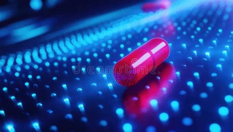 Red Capsule Illuminated By Blue Light On A Dark Surface At A Technology