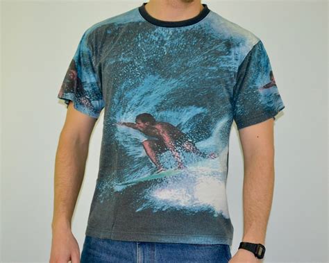 90s Vintage Surf Shirt Size Medium Vtg Full Print Blue Tee Maui