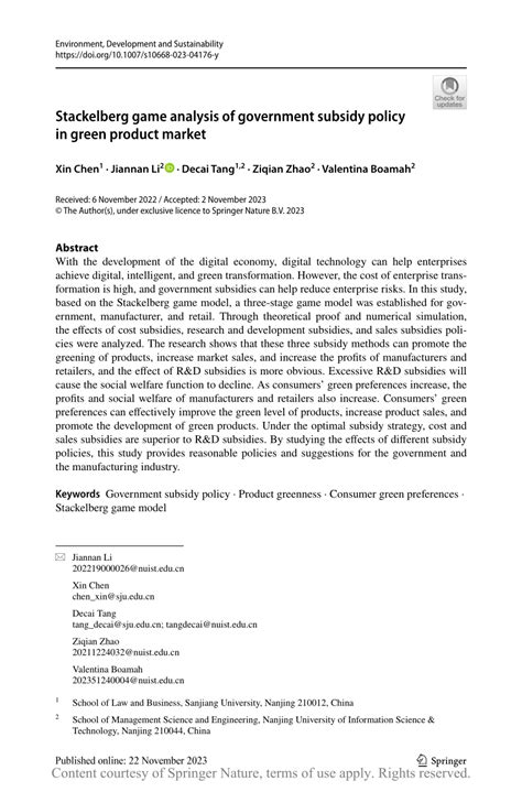 Stackelberg Game Analysis Of Government Subsidy Policy In Green Product Market Request Pdf