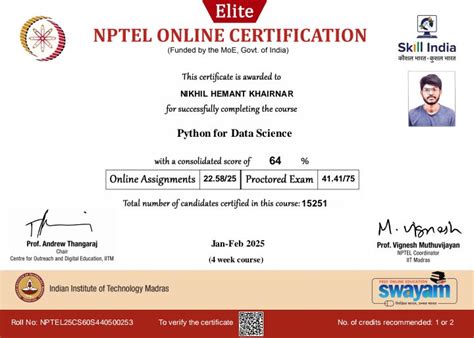 🚀excited To Share That Ive Successfully Completed The Nptel Course On Python For Data Science