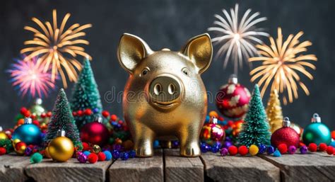 Festive Golden Piggy Bank With Christmas Decorations And Fireworks
