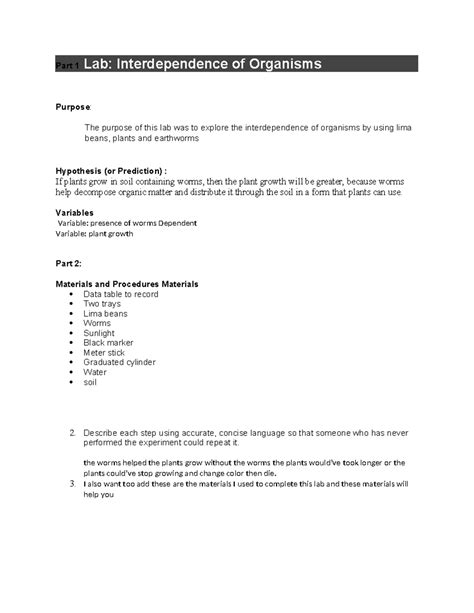Lab Interdependence Of Organisms 1 Part 1 Lab Interdependence Of
