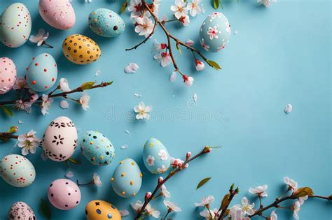 Decorated Easter Eggs With Cherry Blossom Branches On Blue Surface
