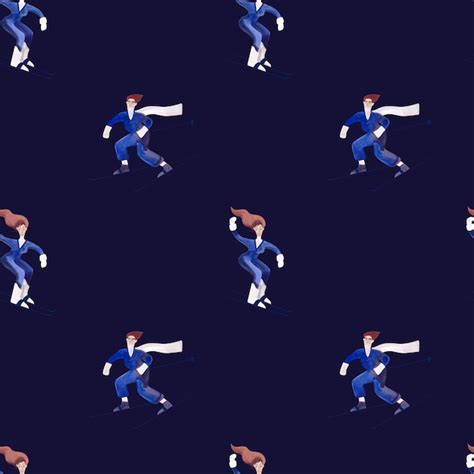 Watercolor Seamless Patern With Skiers Winter Textile Sport Costume